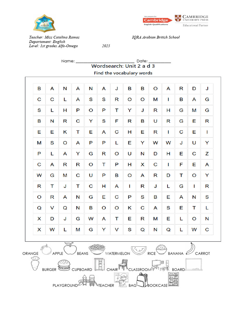 Wordsearch Unit 1 and 2 1°básicos | PDF