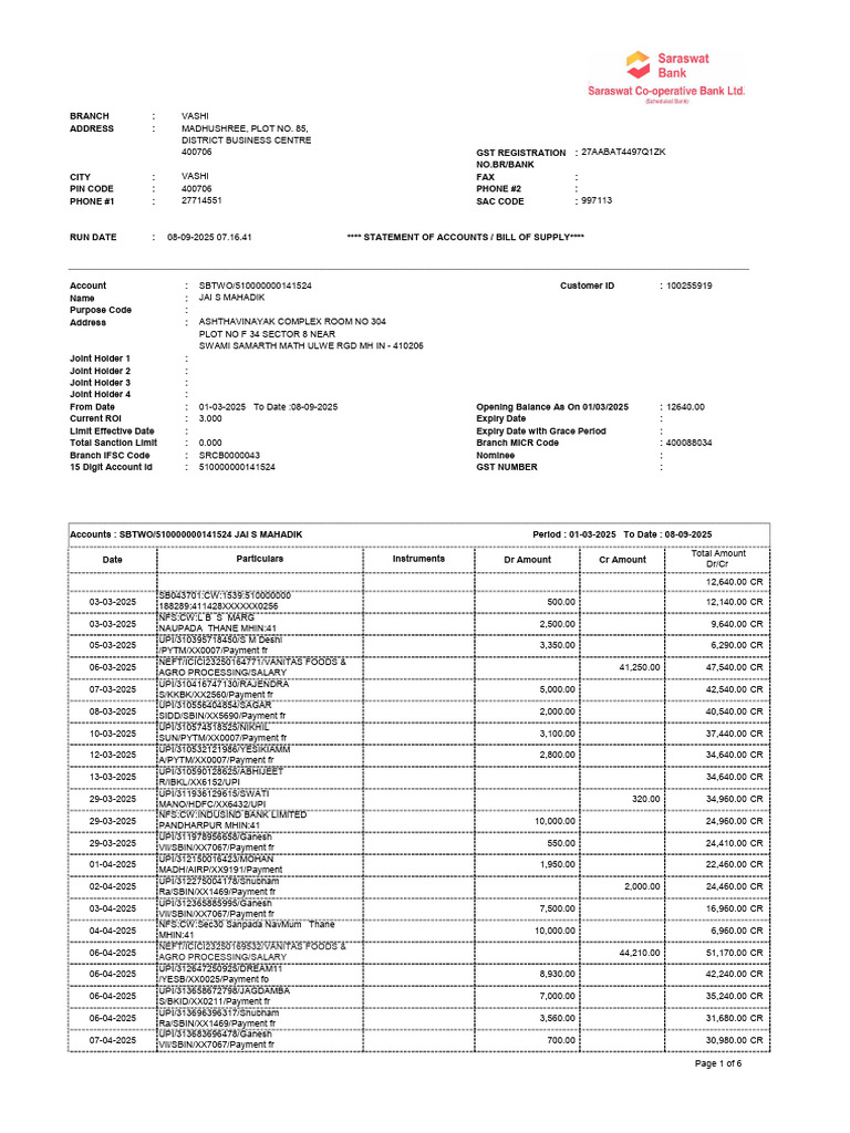 Saraswat Bank Statement | PDF | Banking | Financial Services