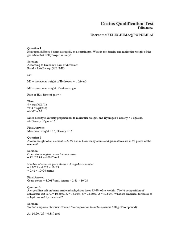 Cratus Qualification Test Solutions | PDF | Mole (Unit) | Physical ...
