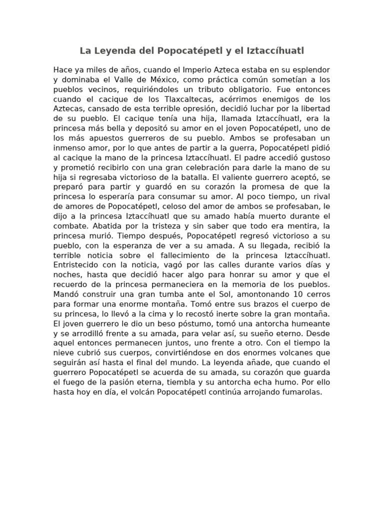 La Leyenda Del Popocatépetl y El Iztaccíhuatl CUARTO GRADO | PDF