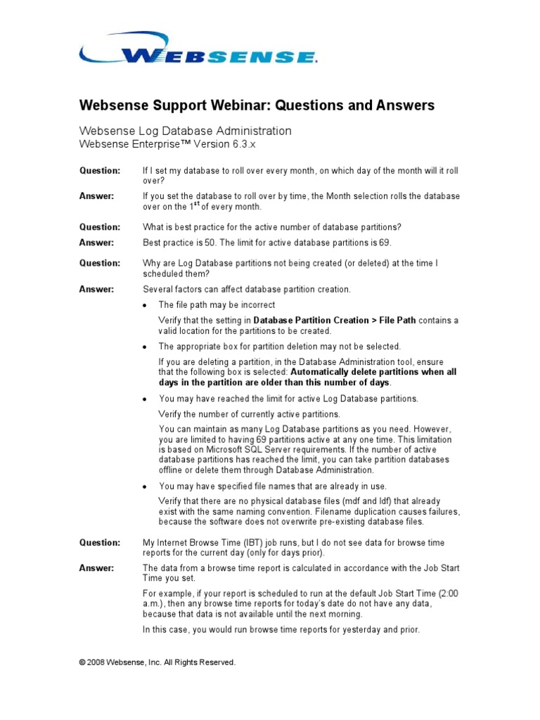 August 27 2008 Websense - Database - Administration | PDF | Databases | Microsoft Sql Server