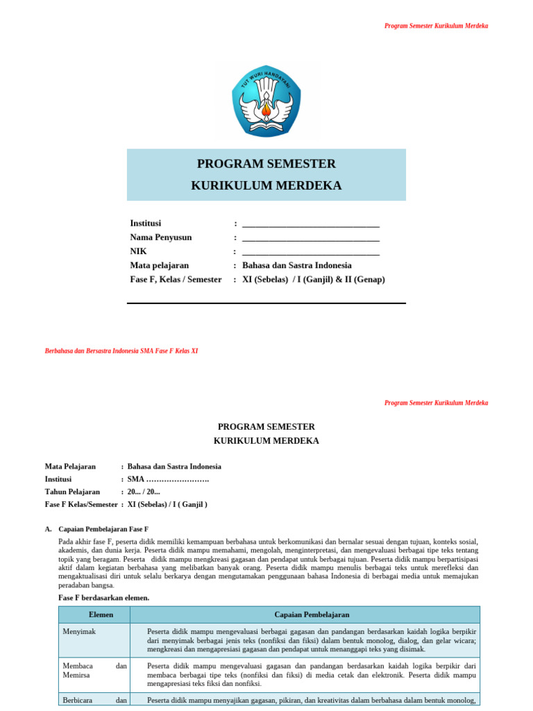 Program Semester Bahasa Indonesia XI | PDF