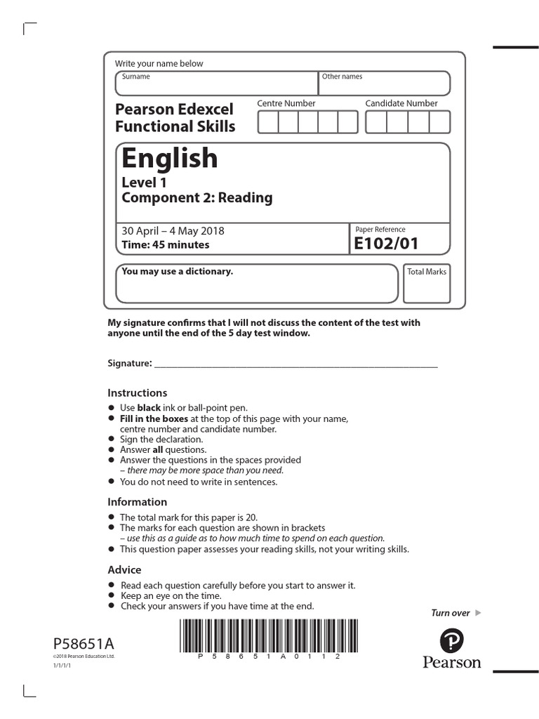 Question Paper Level 1 Reading May 2018 | PDF | Question