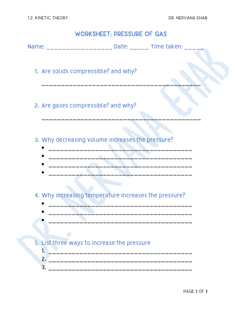 Lesson 2 - Worksheet Questions - Basics - Pressure of Gas 2 | PDF