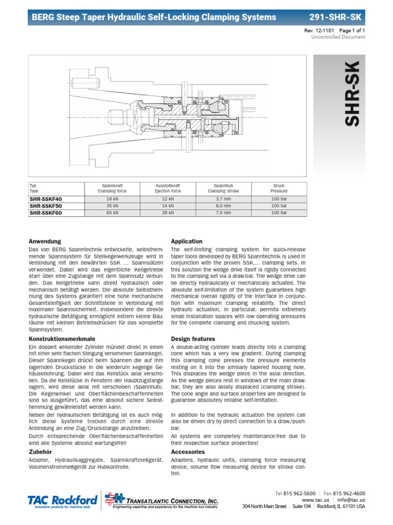 291 SHR SK Berg Steep Taper Hydraulic Self Locking Clamping Systems | PDF