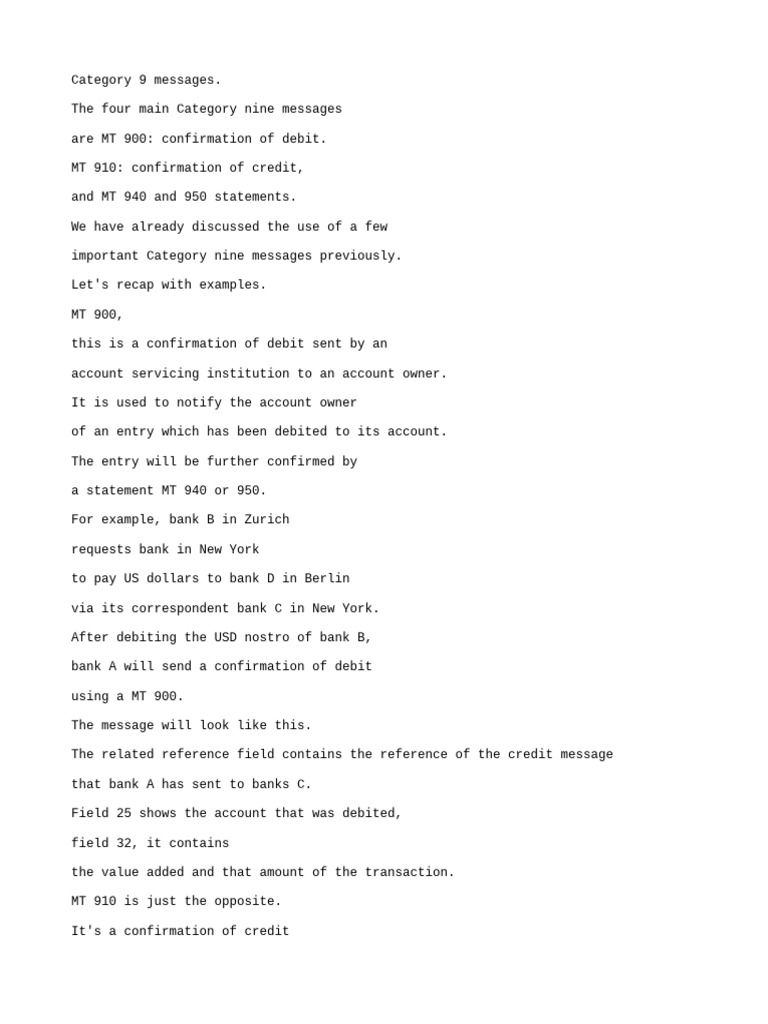 Understanding Category 9 SWIFT Messages | PDF | Debits And Credits | Banks