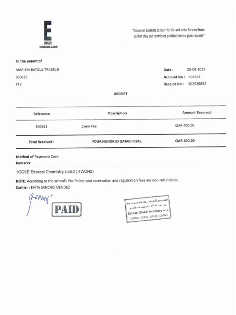 IGCSE Edexcel Chemistry Unit2 4WCH2 Exam Fee Receipt | PDF