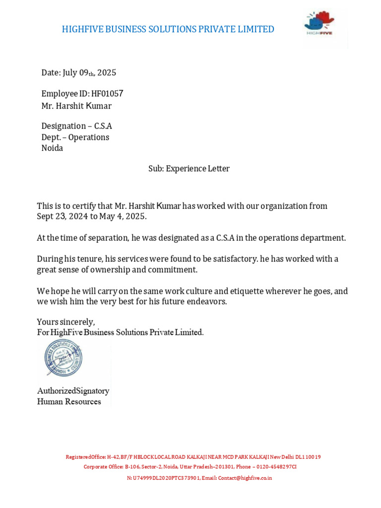 Experience Letter HF01057 Harshit Kumar | PDF