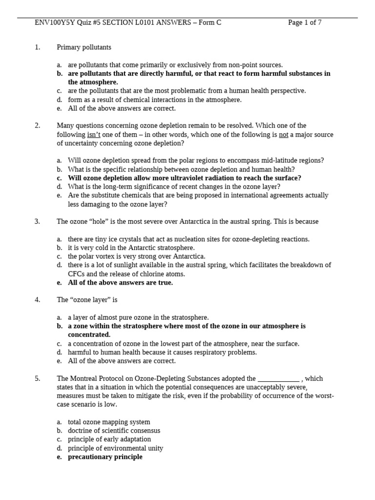 Environment Quiz 5 Answers | PDF | Ozone Depletion | Greenhouse Effect