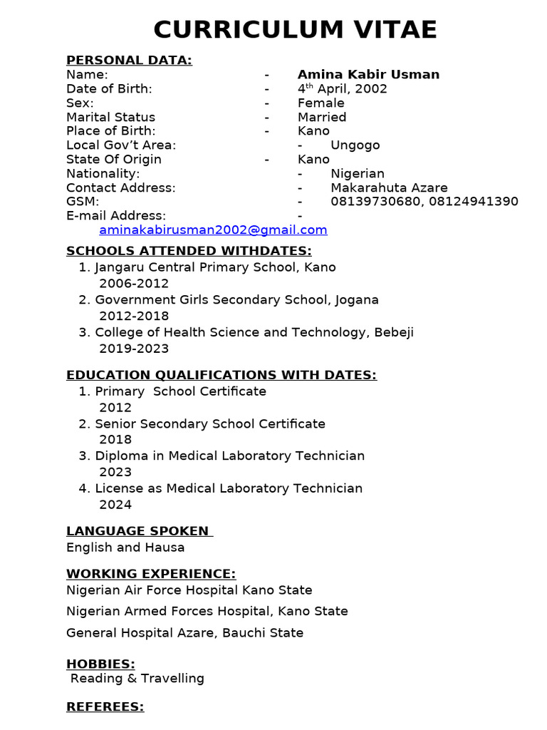 Amina Kabir Usman's CV Summary | PDF
