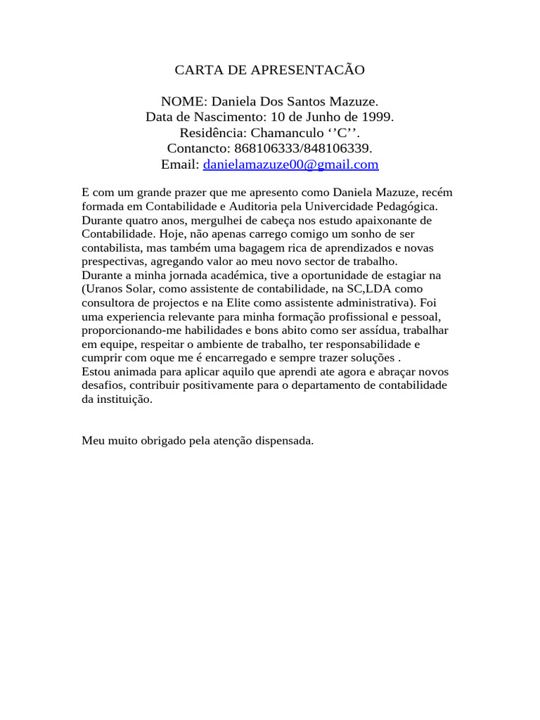 Apresentação Profissional de Daniela Mazuze | PDF