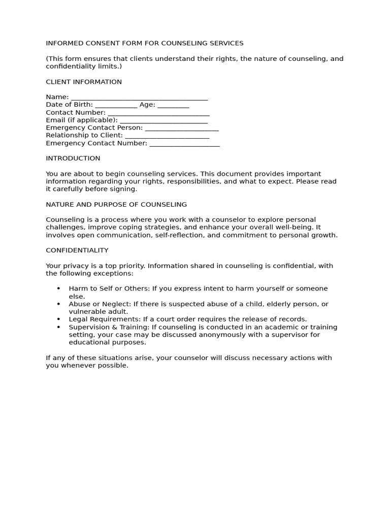 Counseling Informed Consent Template | PDF | Psychotherapy | Consent