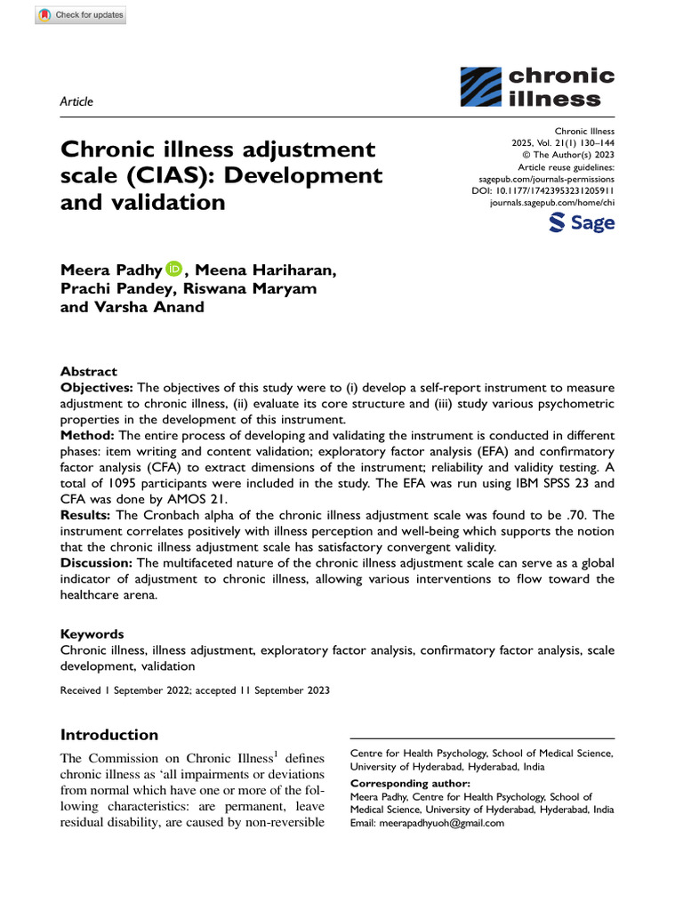 Chronic Illness Adjustment Scale Validation | PDF | Validity ...