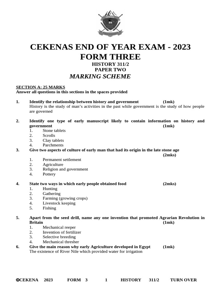 History F3 PP2 Marking Scheme | PDF | Agriculture | British Empire