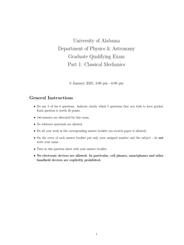 UA PHAY Qual Jan 2025 | PDF | Force | Lagrangian Mechanics