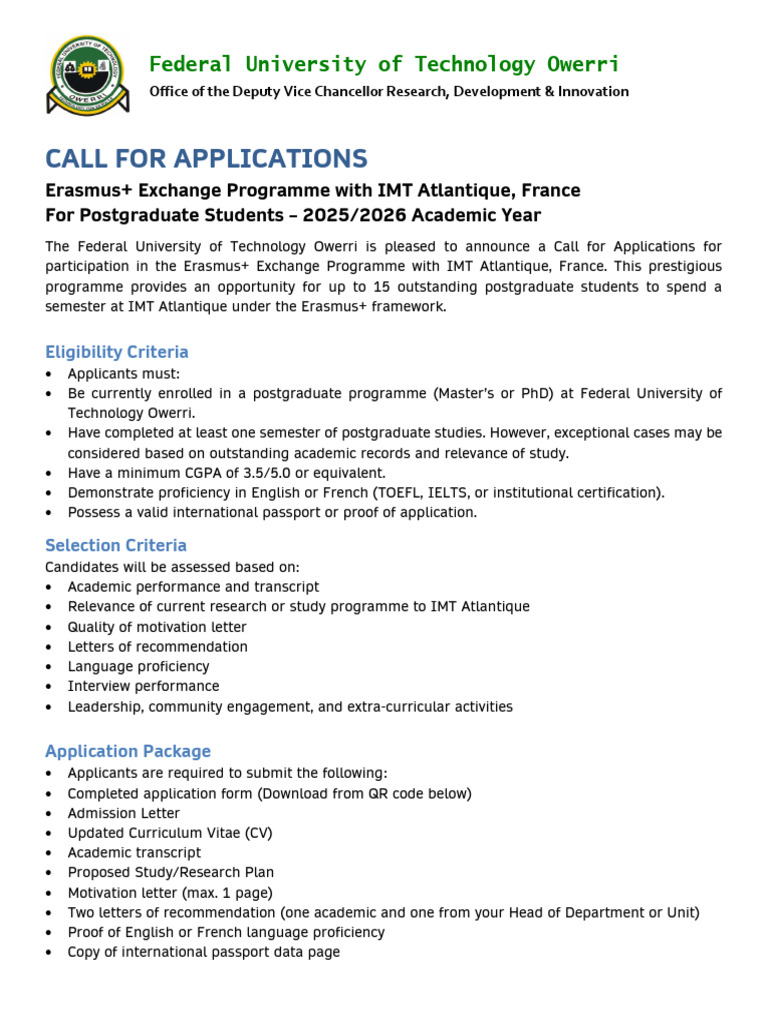 Erasmus Call For Application FUTO-IMT Atlantique | PDF | Postgraduate Education | Doctor Of ...