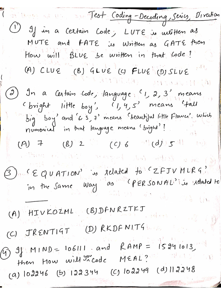 Test (Coding Decoding, Series and Direction) | PDF