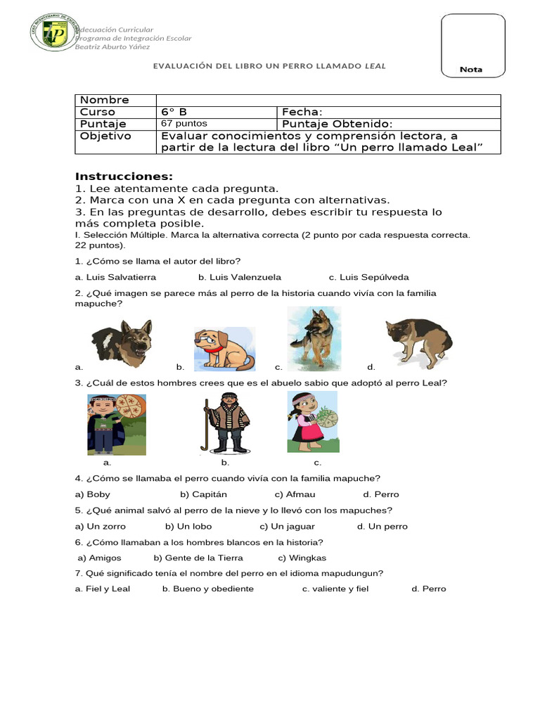 Evaluación del libro "Un perro llamado Leal" | PDF