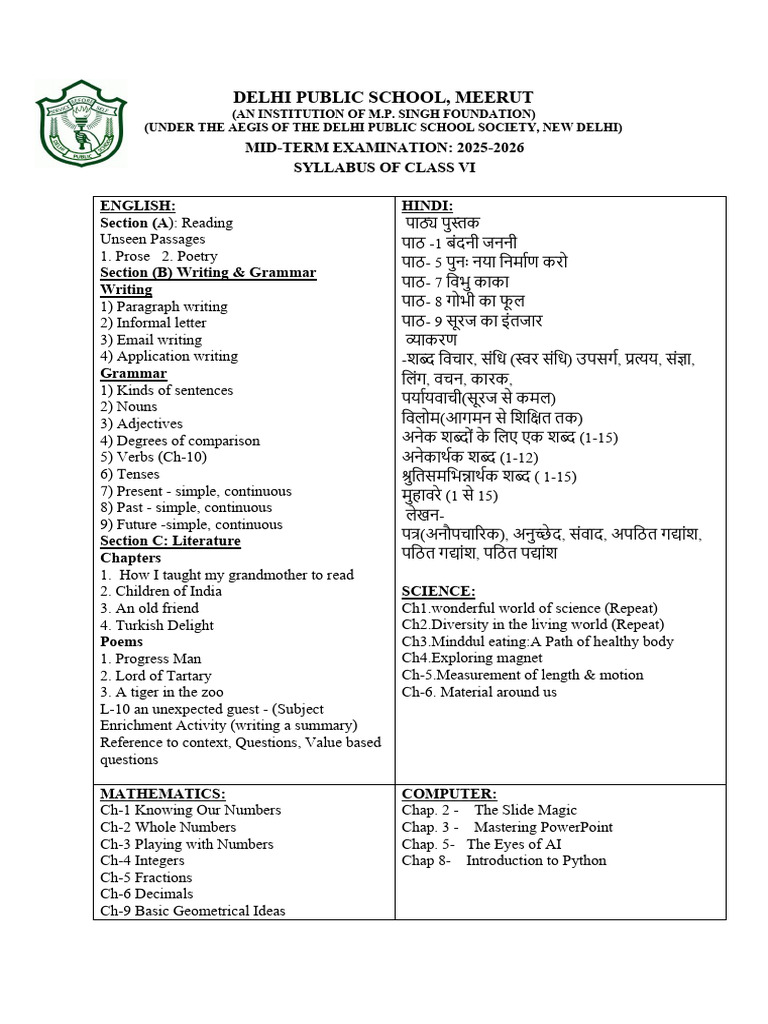 Delhi Public School Mid Term Syllabus Class Vi | PDF | Linguistics ...