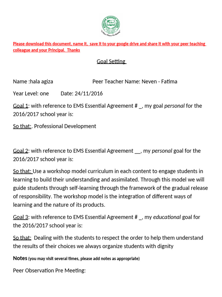 Goal Setting Document 2016 - 17 | PDF