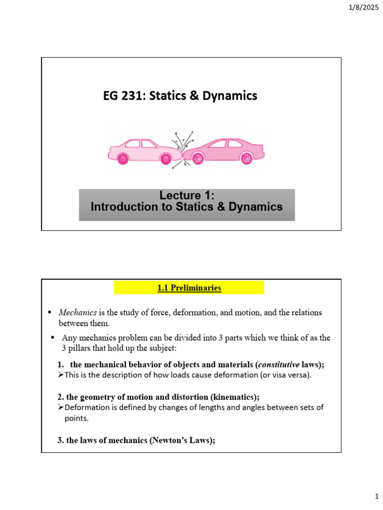 Lecture 1 Introduction To Statics Dynamics PDF | PDF | Euclidean Vector | Force