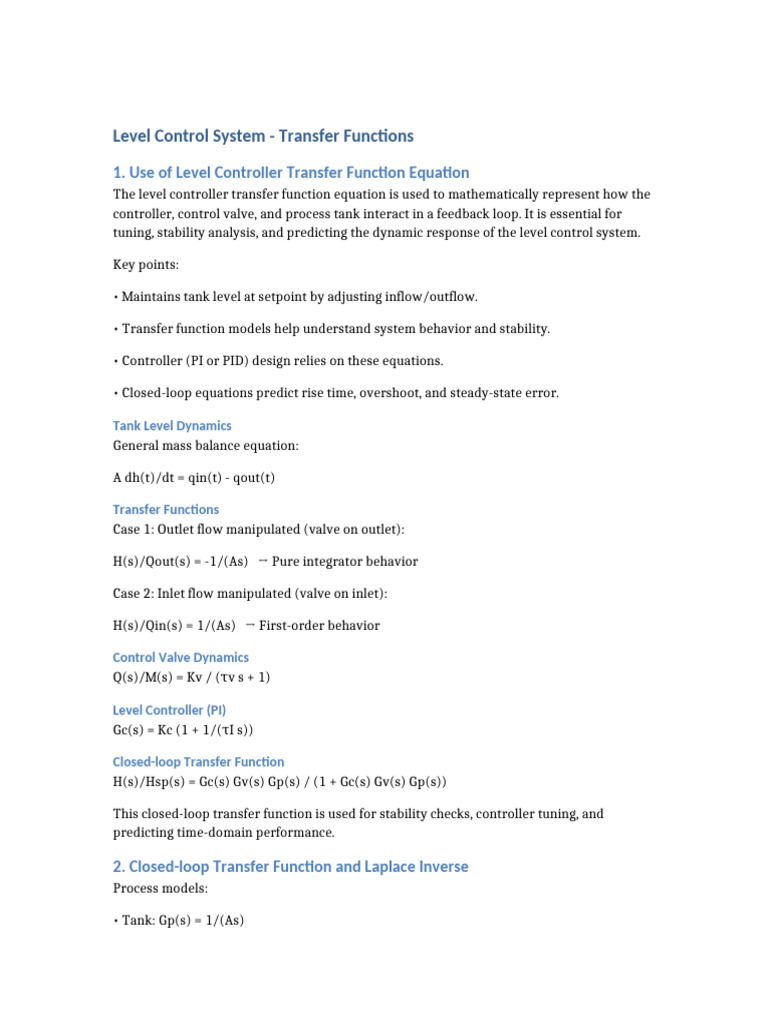 Level Control Transfer Functions | PDF