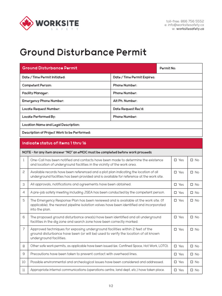 Ground Disturbance Permit Checklist | PDF | Safety