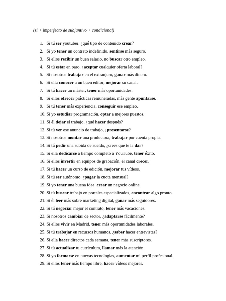 100 Ejercicios Condicional Futuro Subjuntivo | PDF | Youtube | Empleo