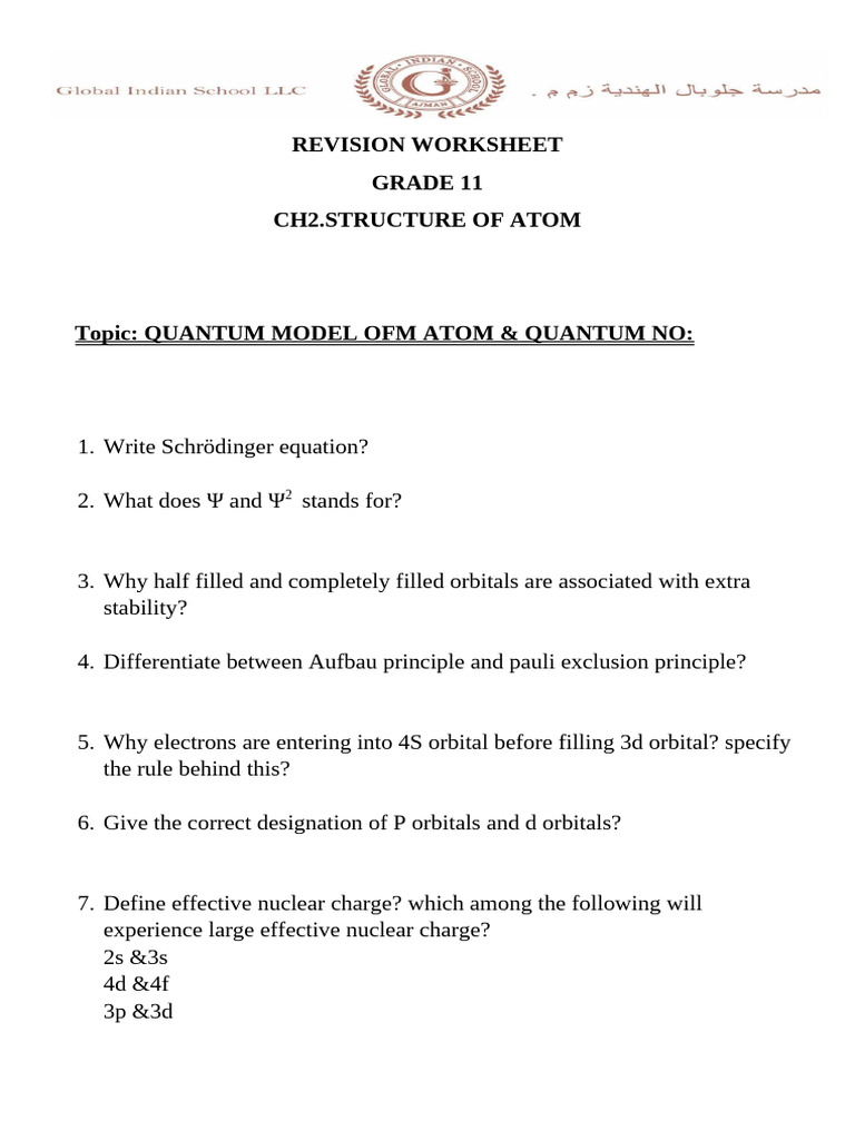 Revision Worksheet Structure of Atom | PDF | Atomic Orbital | Electron