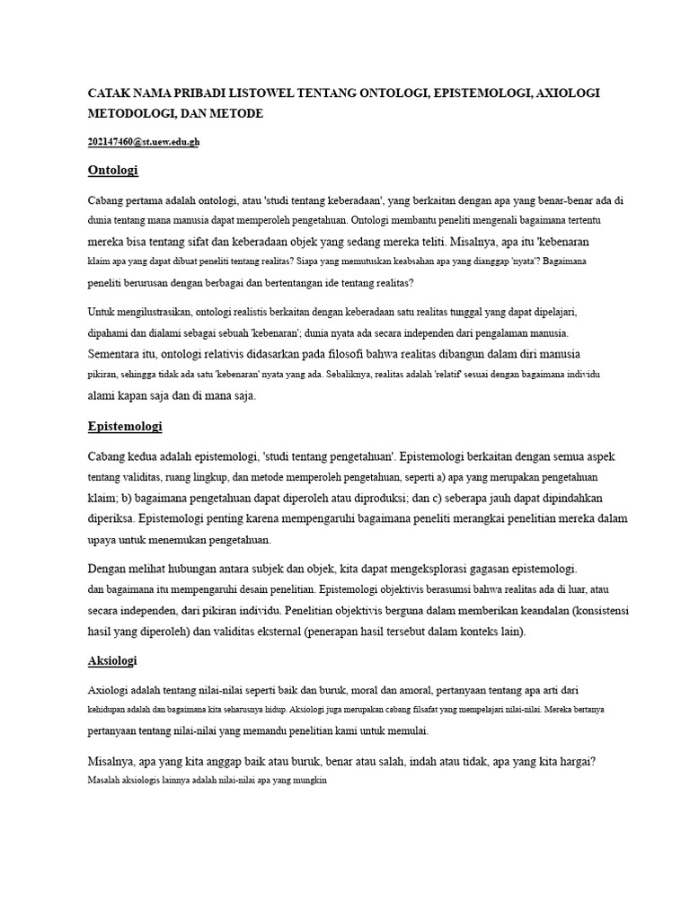 Ontologi, Epistemologi, Aksiologi, Metodologi | PDF