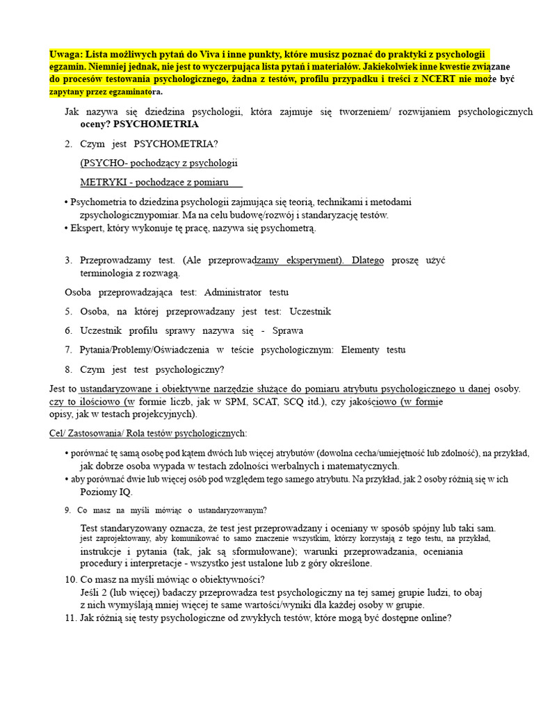 Pytania VIVA Z Psychologii | PDF