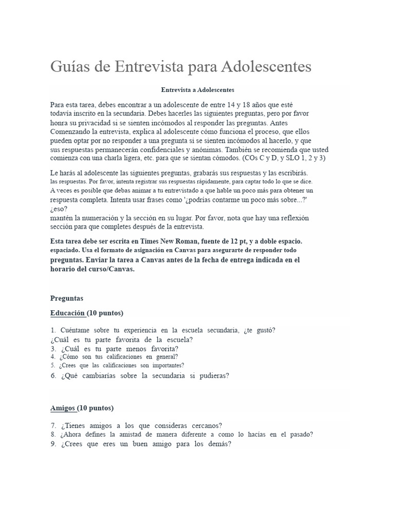 Formato de Entrevista para Adolescentes | PDF