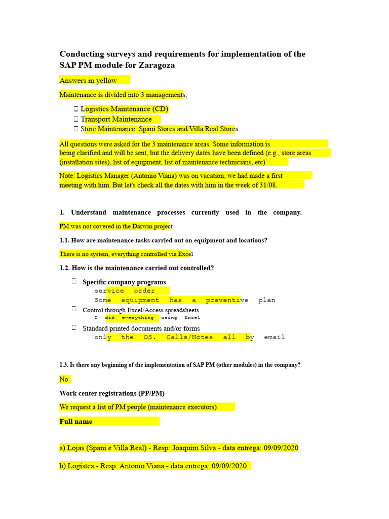 SAP PM Module Survey for Zaragoza Maintenance | PDF | Logistics ...