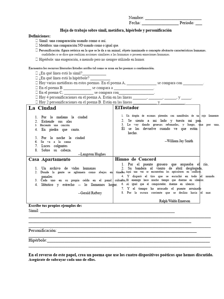 Hoja de Trabajo Sobre Símil, Metáfora, Hipérbole y Personificación ...