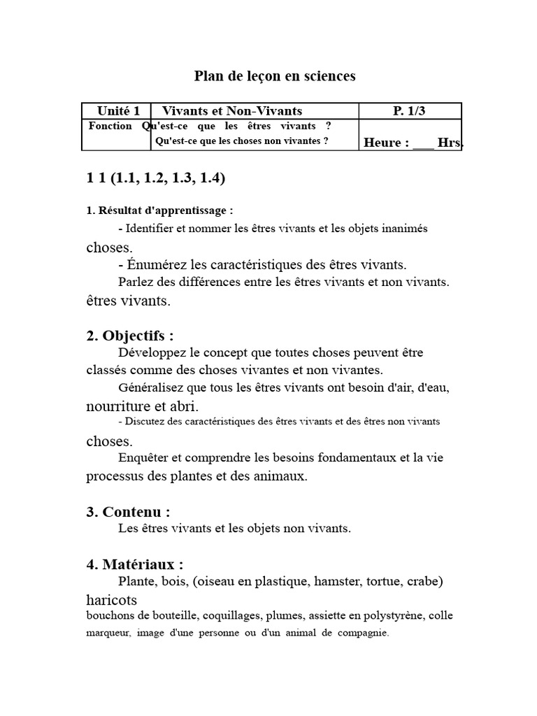Plan de Leçon en Sciences Pour La Première Année, Unité 1 | PDF | Vie ...
