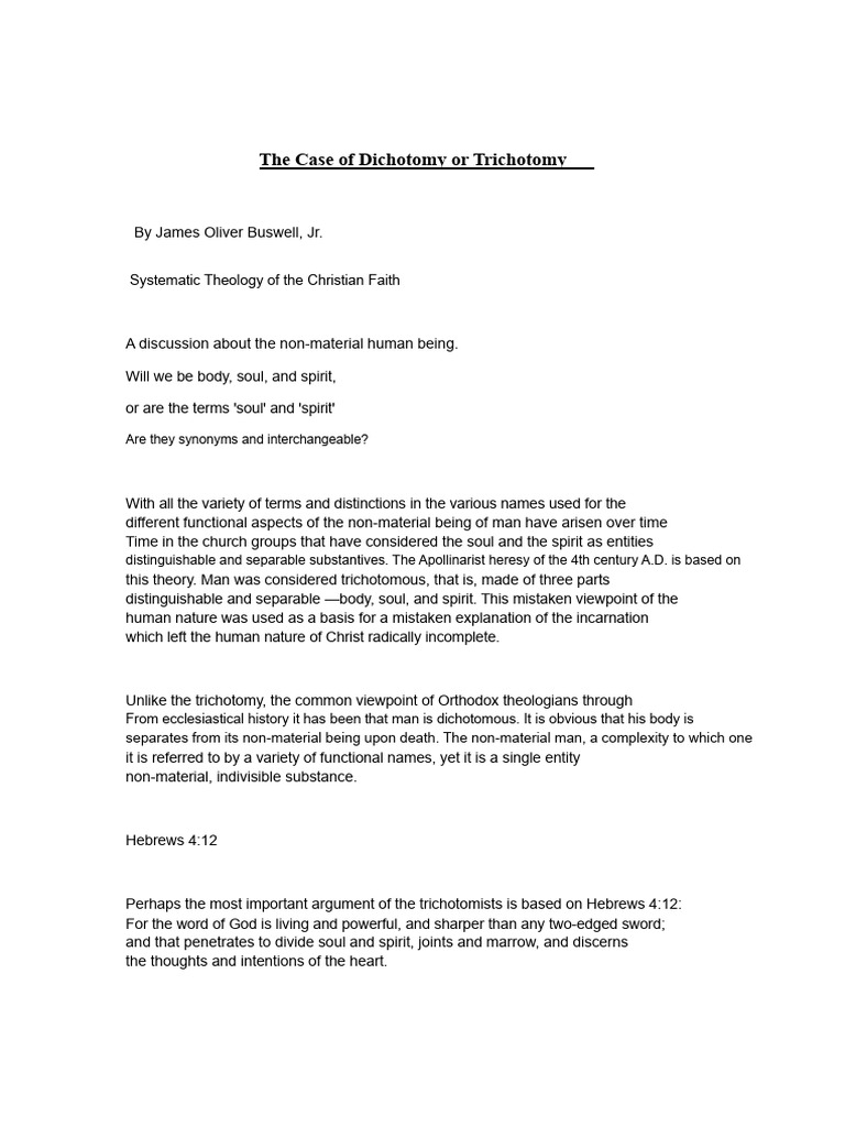 Trichotomy vs. Dichotomy in Theology | PDF | Trinity | Image Of God
