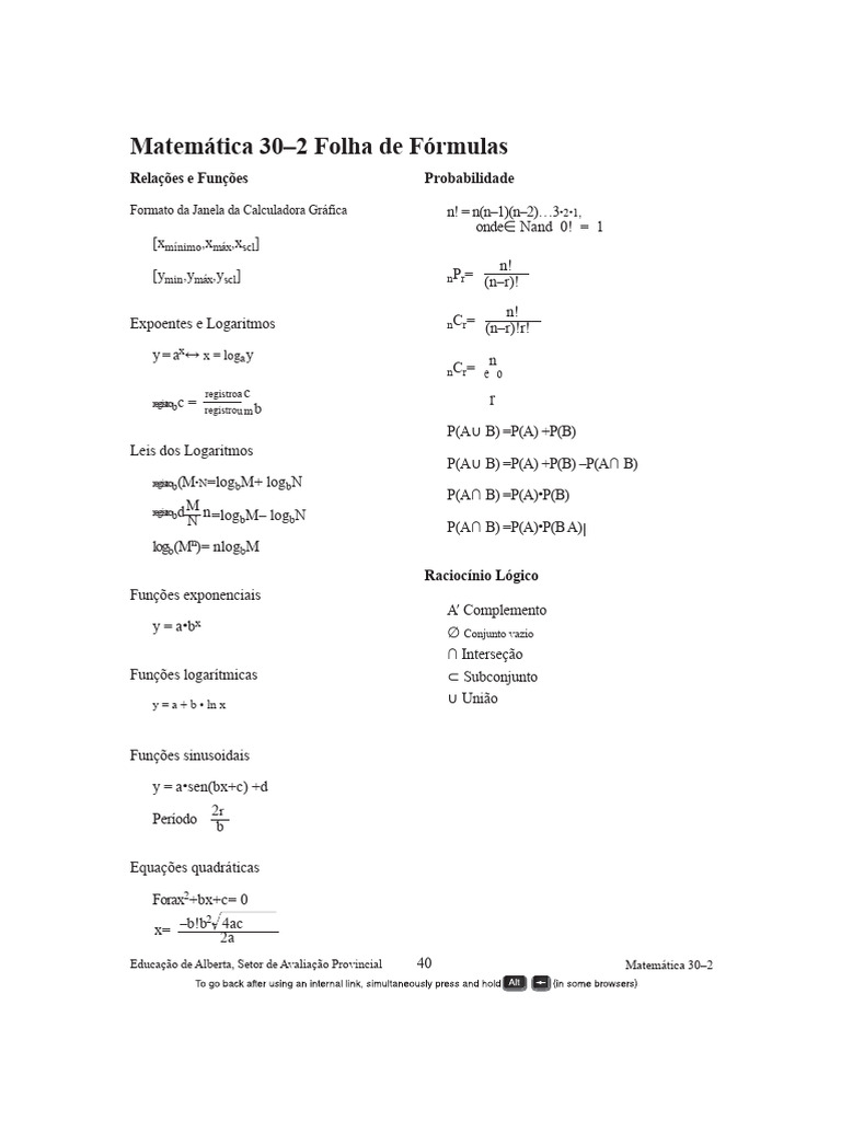 Fórmulas de Matemática 30–2 | PDF