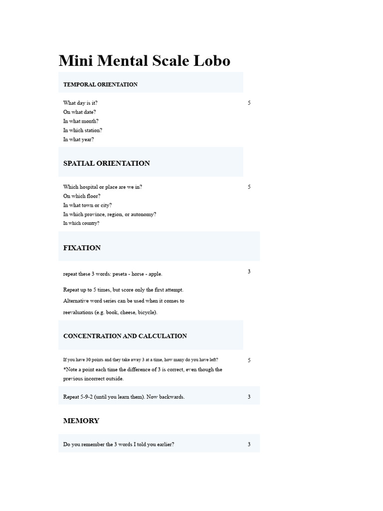 Mini Mental Scale Lobo Assessment Guide | PDF