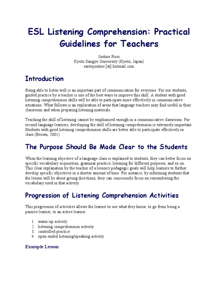 ESL Listening Comprehension Guidelines | PDF | Reading Comprehension ...
