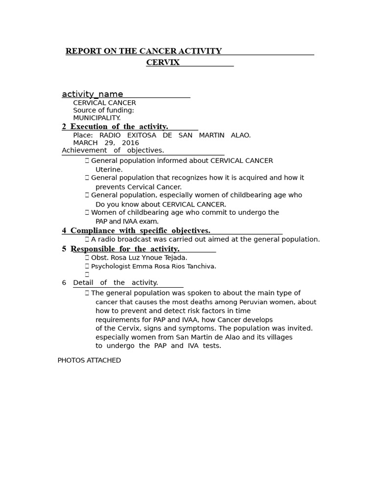 Report On Cervical Cancer Activity | PDF | Cervical Cancer | Pregnancy