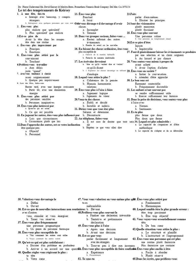 S'il Vous Plaît Comprenez-Moi - Quiz de Personnalité Kiersey | PDF