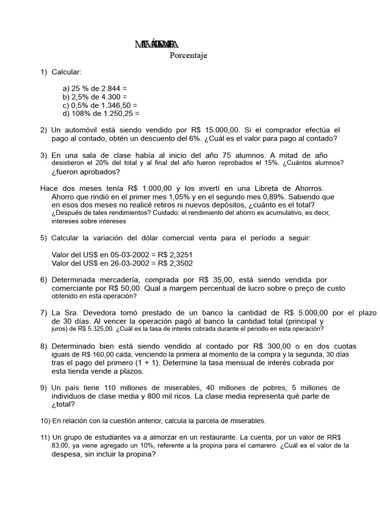 Matemáticas Ejercicios - Porcentaje | PDF | Porcentaje | Interés