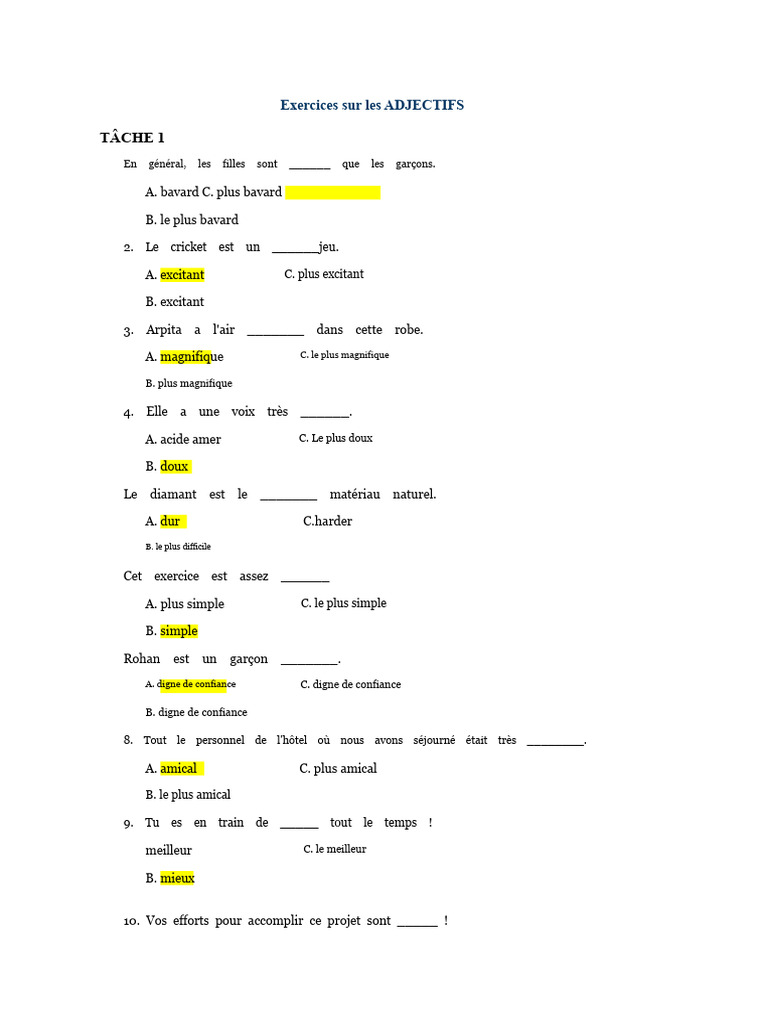 Exercices Pratiques sur les Adjectifs | PDF | Adverbe