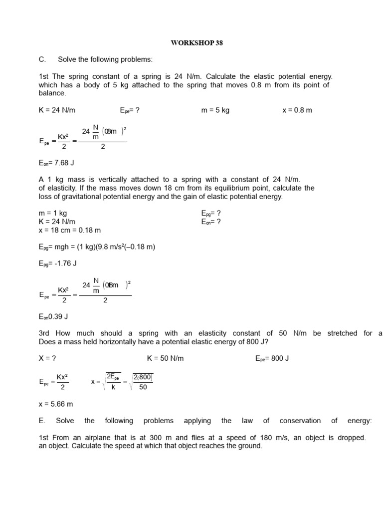Workshop 38. Potential Energy and The Law of Conservation of Energy ...