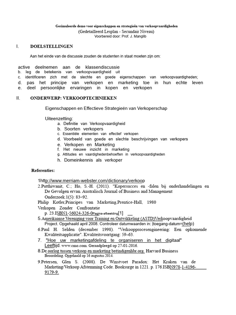 Gedetailleerd Lesplan Effectieve Strategieën Van Verkooptechnieken | PDF