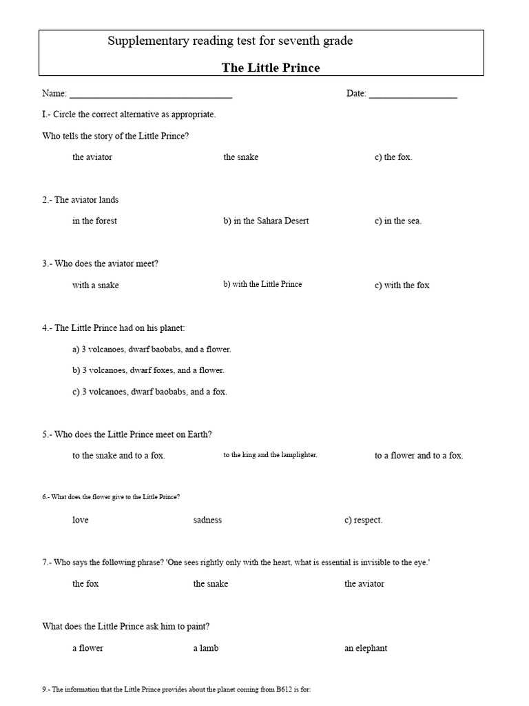 Seventh Grade Reading Test: The Little Prince | PDF | The Little Prince