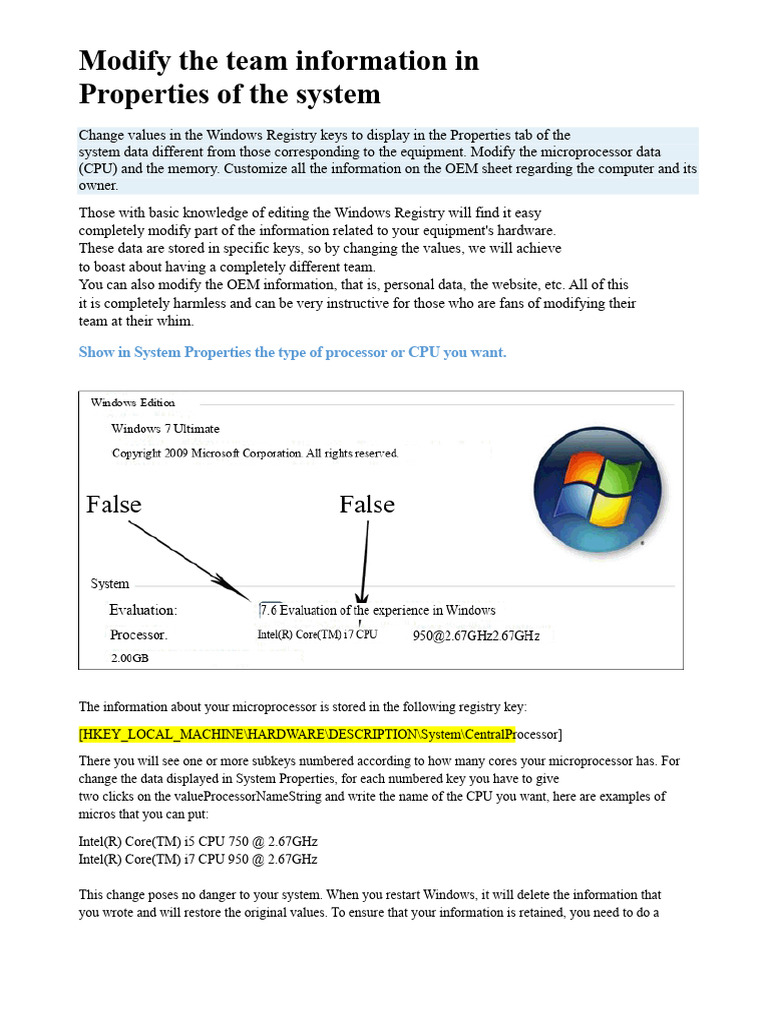 Modify The Team Information in System Properties | PDF | Windows Registry | Central Processing Unit