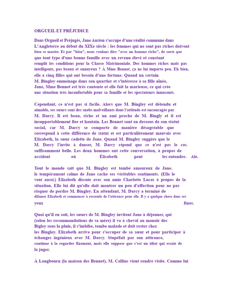 Analyse d'Orgueil et Préjugés de Jane Austen | PDF | Orgueil et ...