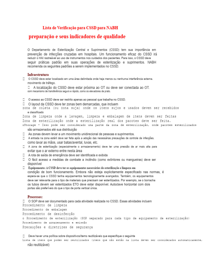 Verificação de Qualidade para CSSD NABH | PDF | Esterilização ...