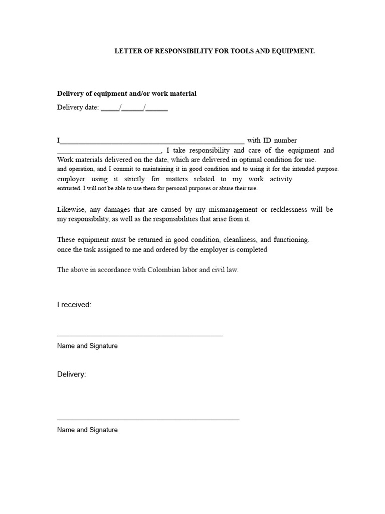 Letter of Responsibility For Tools and Equipment | PDF